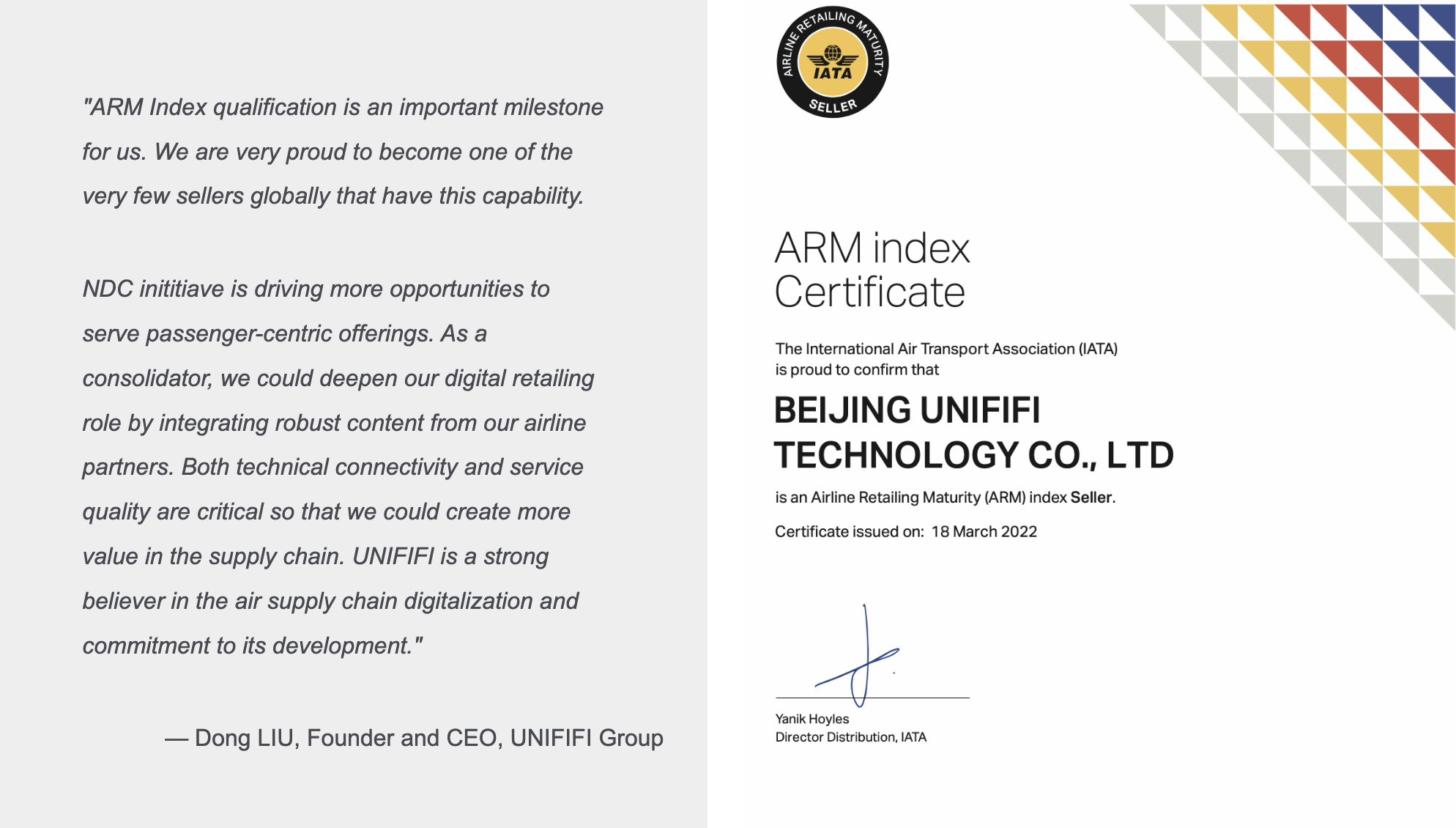 UNIFIFI is officially certified with ARM Index Seller Status by IATA